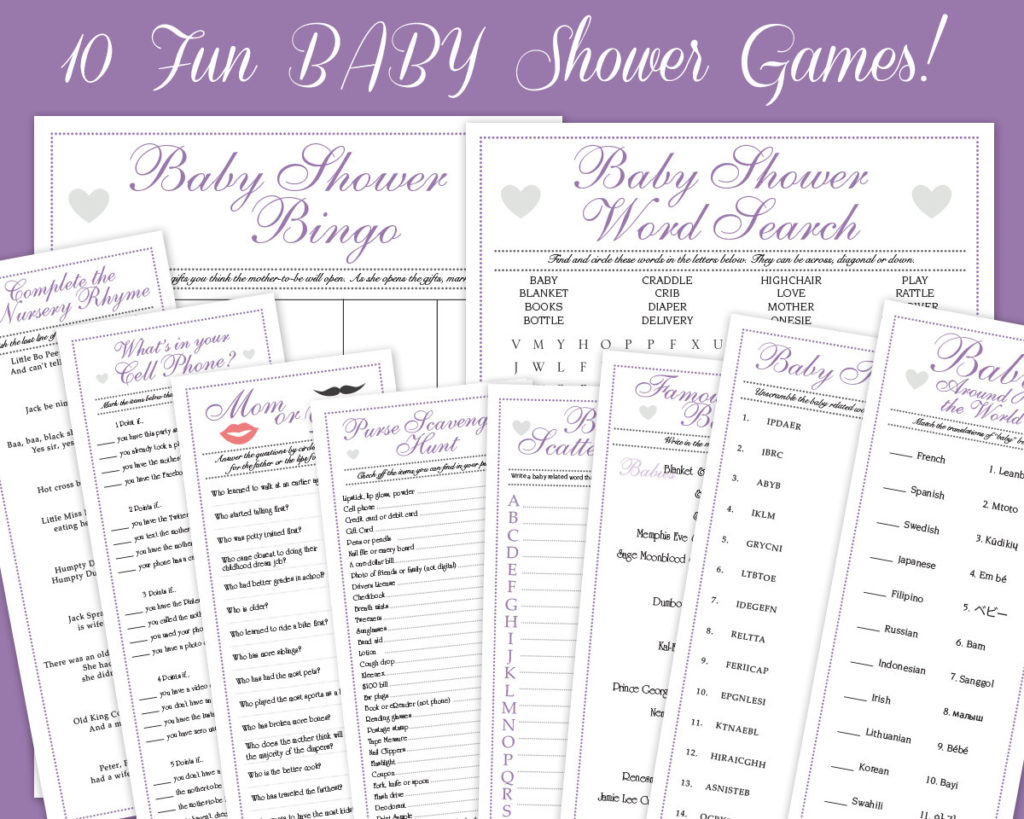 10 Purple Baby Shower Game Downloadable Collection – Paint and Pixel ...